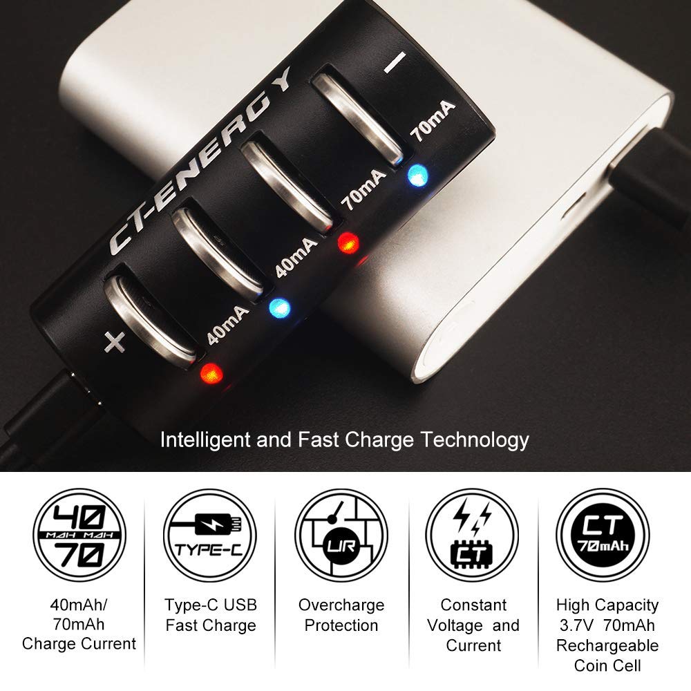 LIR2032 Rechargeable Battery Charger with High Capacity 3.7V 70mA 4pcs Button Batteries Can Replace Coin Cell Lithium ML2032