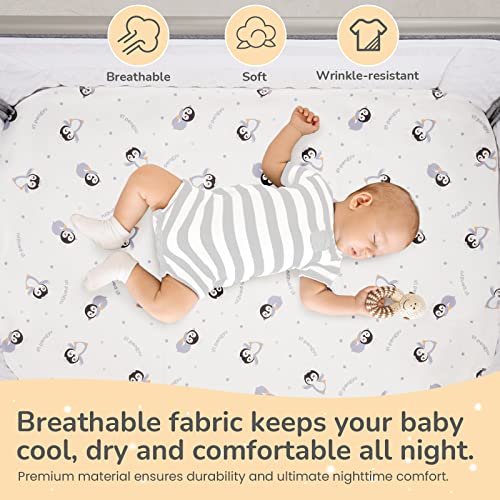Comfy Mattress Pad Bassinet Sheet (2 Per Pack) Li’l Pengyu, Dual Front Super Soft Double-Brushed Microfiber & TPU Waterproof Neutral Fit Sheets, Crib Sheets for Boys Girls, Toddler Bed (31.1"X19.5")