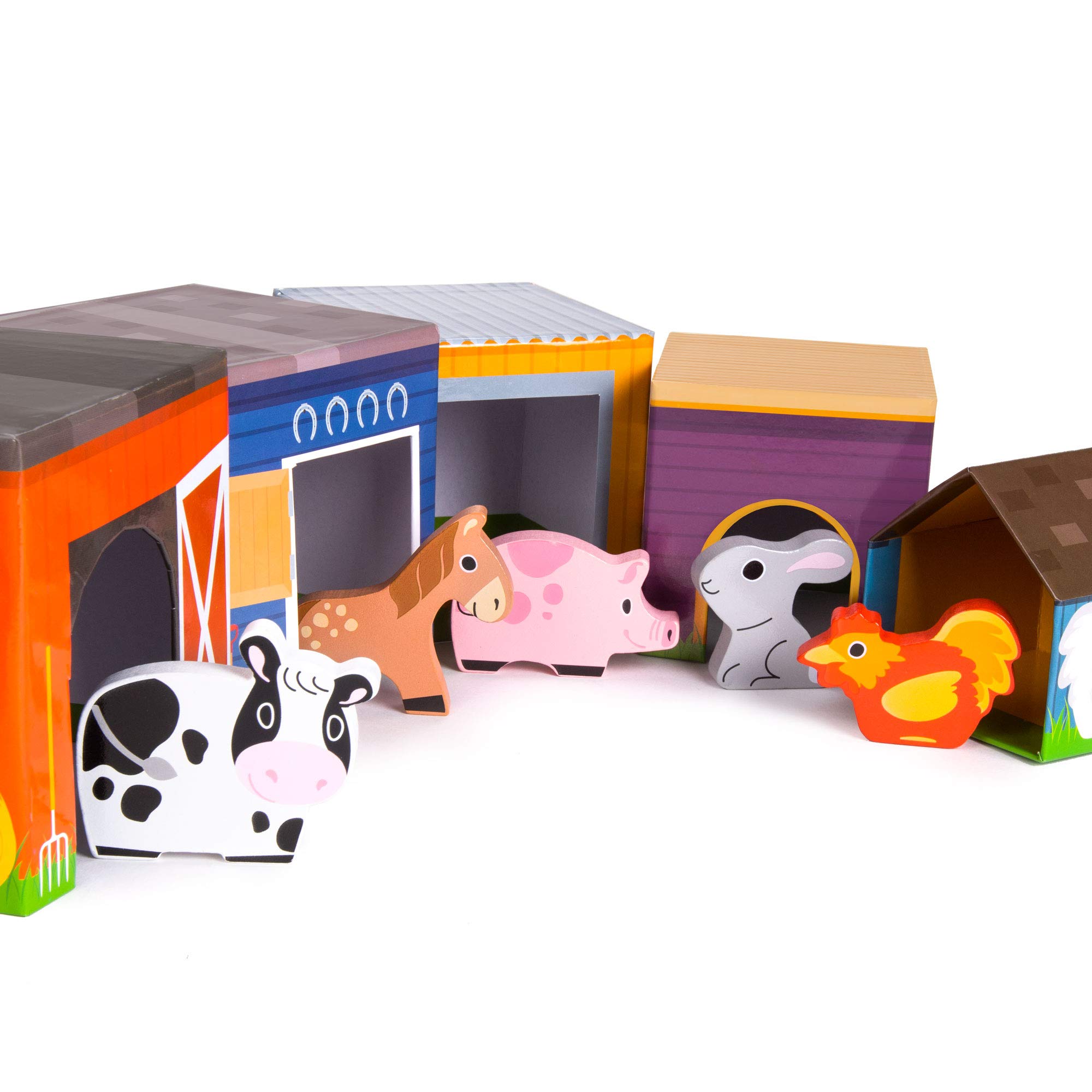 Friendly Farm Match 'n Stack Nesting Blocks | 5 Barnyard Pals & Stackable Home Boxes | Wooden Animals Fit into Colorful Cube Shapes | Includes Chicken, Cow, Pig, Horse, and Rabbit | Classic Kids Toy