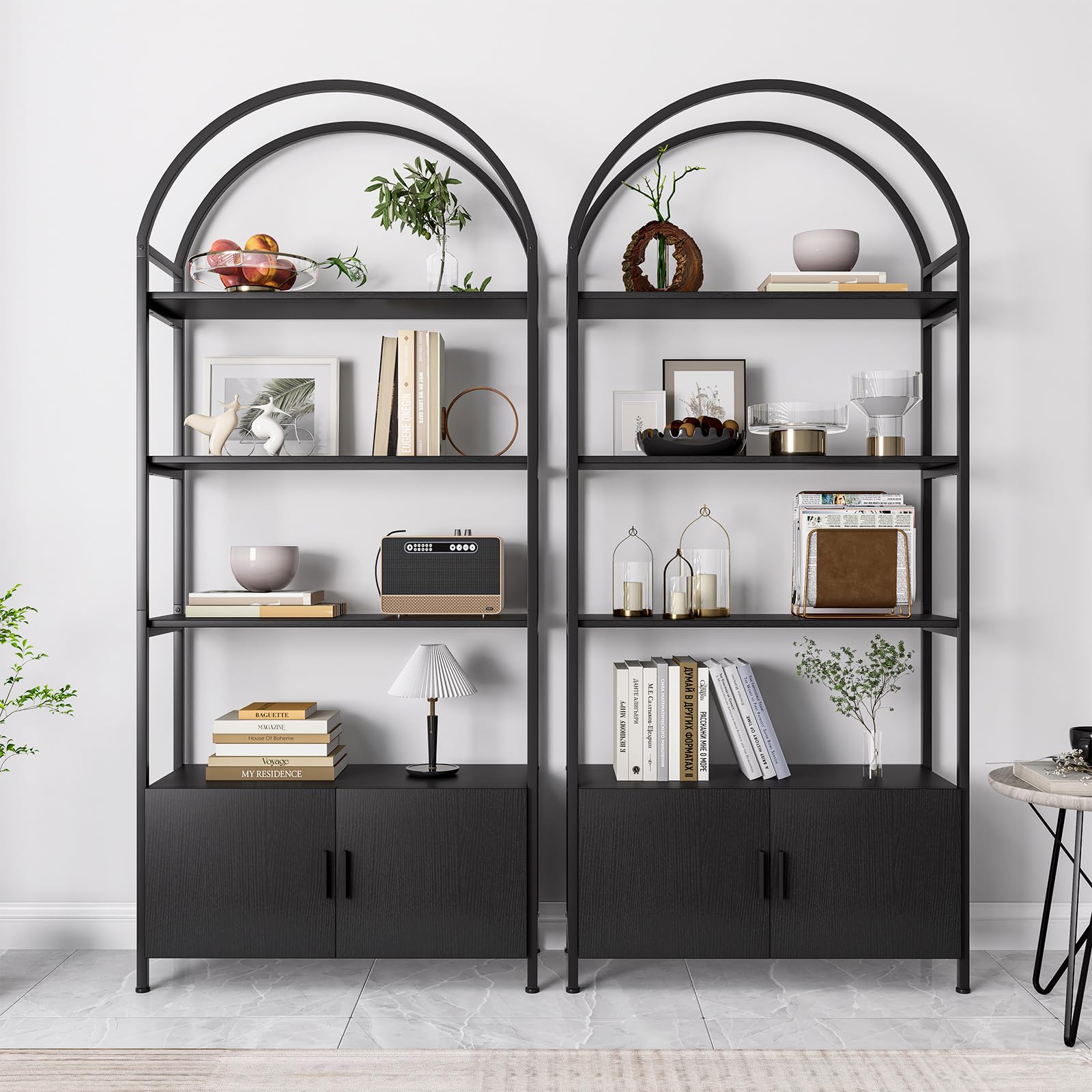 Jehiatek Arched Bookshelf, Bookcase with Doors Storage, 71 Inches Tall Industrial Book Shelf with Sturdy Metal Frame, E1 Quality Boards, Freestanding Display Shelving Unit, Black