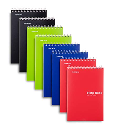 Mintra Office Steno Book - (Primary Colors, 8 Pads/Pack, Narrow Ruled) - 6inx9in, 100 Sheets per pad, POLY Cover, notebook for writing notes in school, university, college, work, office