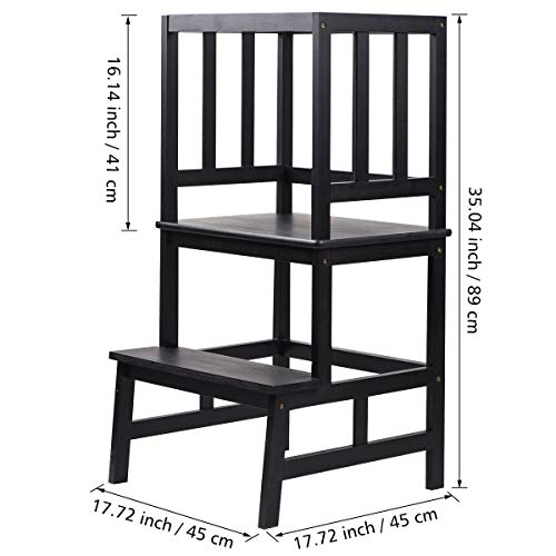 SUNYAO Kids Kitchen Step Stool with Safety Rail - Bamboo Step Stool for Toddlers Age 18 Months and Older, Black Color