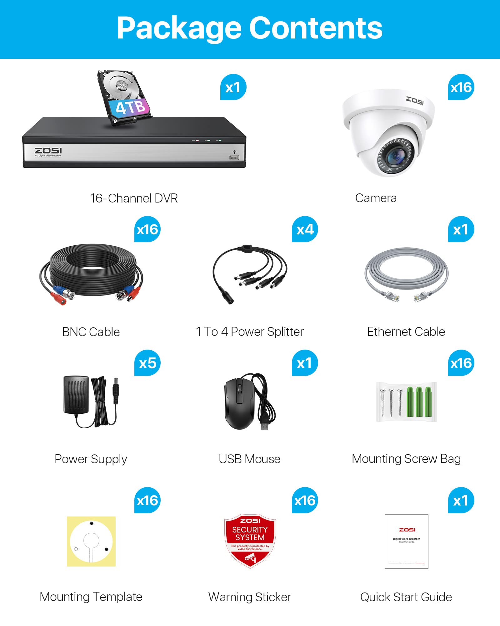ZOSI H.265+ 1080p 16 Channel Security Camera System with AI Human Vehicle Detection, 16CH CCTV DVR and 16 x 1080p Indoor Outdoor Dome Camera, 80ft Night Vision, 105° View Angle, Alert Push, 4TB HDD