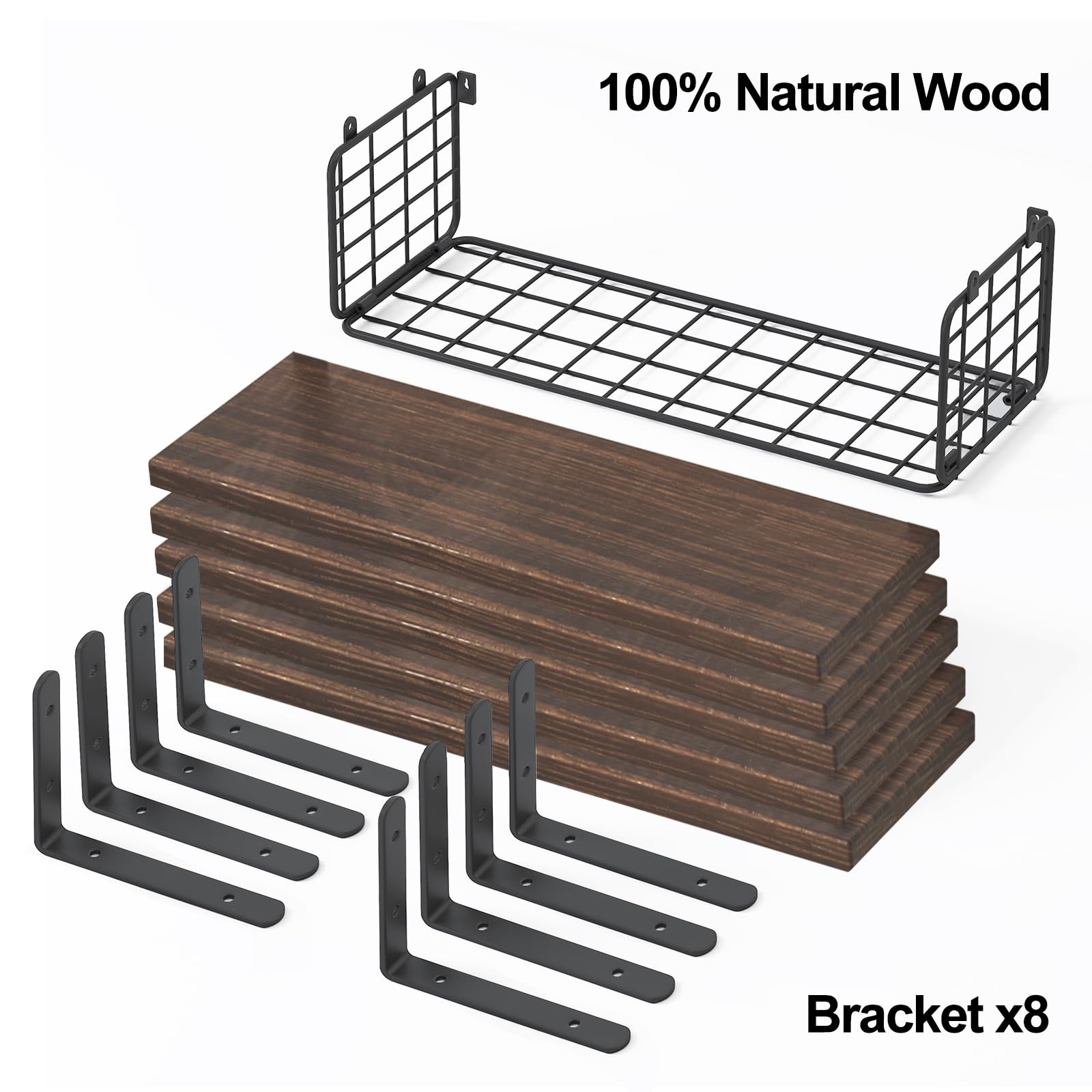 Fixwal 5+1 Tier Bathroom Floating Shelves, Wall Mounted Wood Shelves Over Toilet with Wire Storage Basket, Rustic Wall Decor for Bedroom, Kitchen, Living Room (Dark Brown)