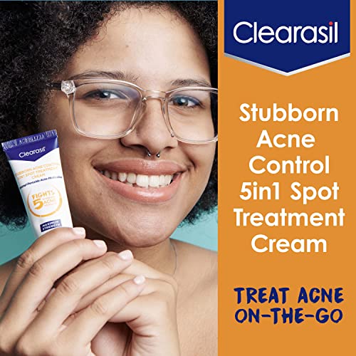 Clearasil Stubborn Acne Control 5-in-1 Spot Treatment Cream with Benzoyl Peroxide Acne Medication to Clear Acne, 1 Ounce (Pack of 3)