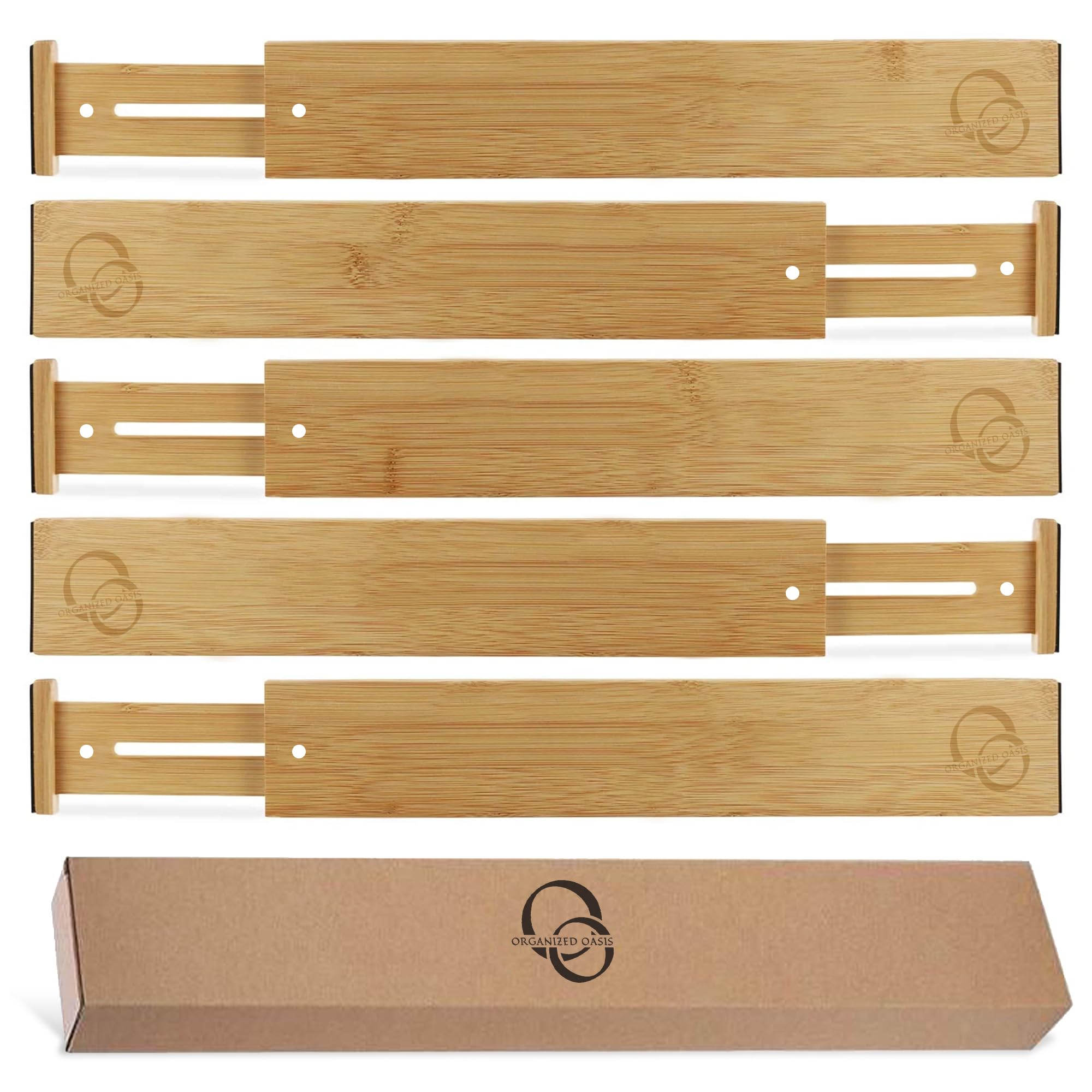 OASIS 4-Pack Bamboo Drawer Dividers Expandable, Kitchen Drawer Organizer, (13.75"- 17") Spring Loaded Drawer Separators, Wooden Drawer Organizer, Adjustable Drawer Dividers for Clothes, Home & Office