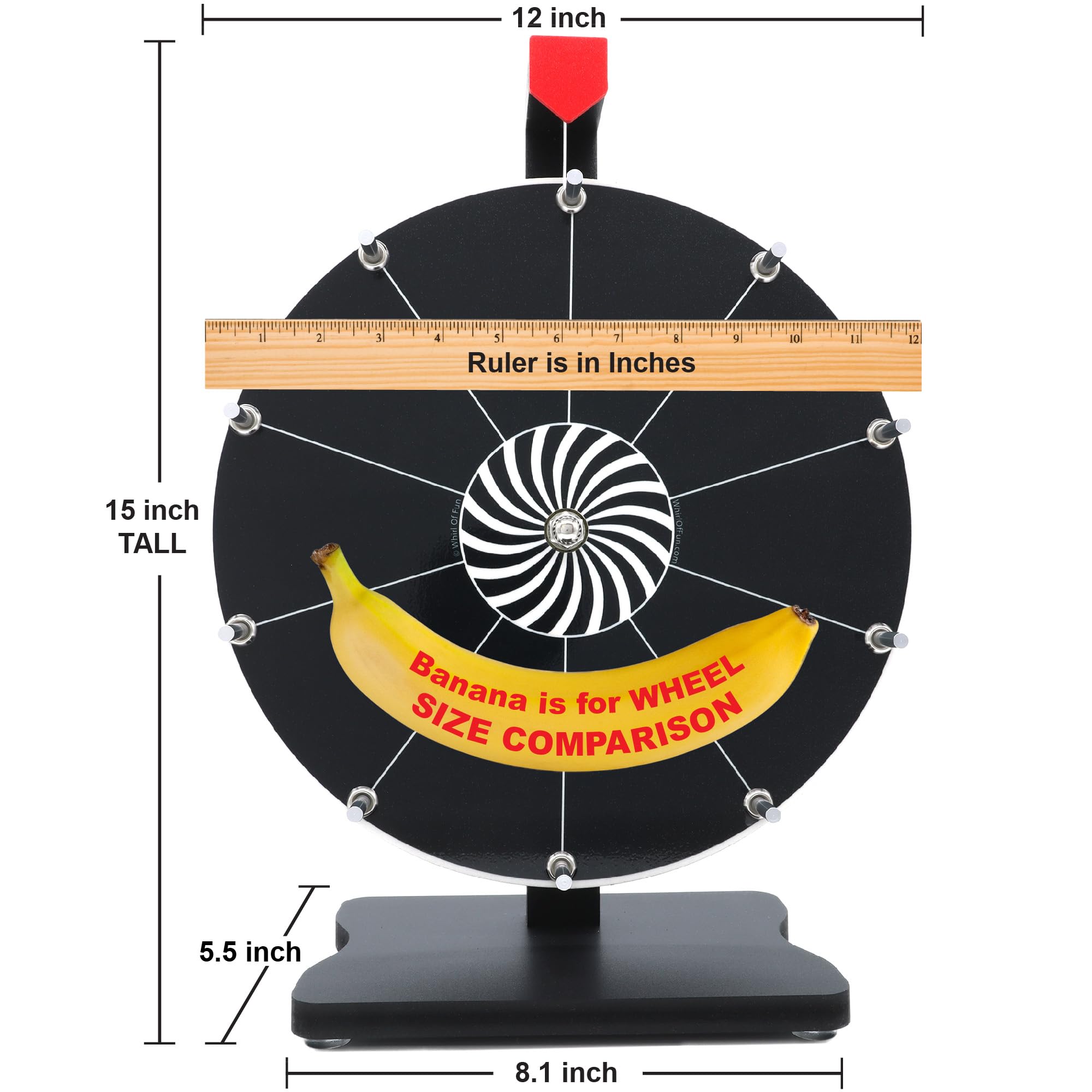 Whirl of Fun 12 inch Black Prize Wheel - Spinning Wheel for Prizes with Stand, 10 Slots, Customize Erasable Dry Erase Surface, Portable, Tools Included, Made in USA