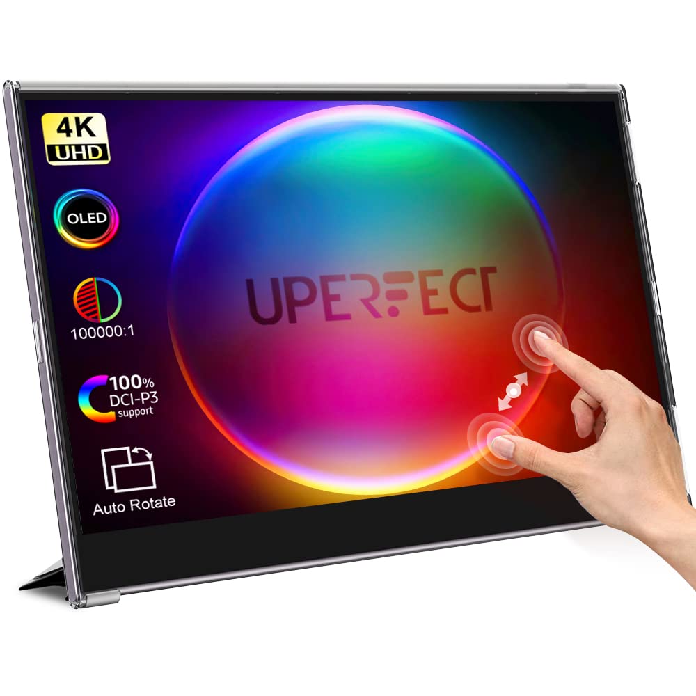 UPERFECT OLED Portable Monitor 4K Touchscreen Battery, 15.6'' UHD 10Bit 100% DCI-P3 100000:1 Color, 10-Point Touch, Gravity Sensor Auto Rotate, 5000mAh Battery, Achieve True Portable Screen on Travel