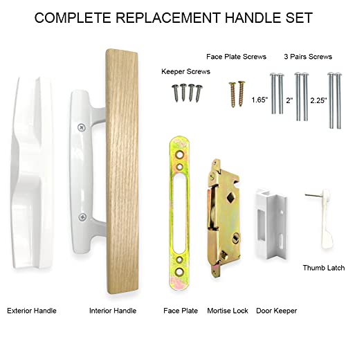 ALLYWASAI Sliding Patio Door Handle Set with Mortise Lock, Face Plate and Keeper, Wood Handle Lock Set Fits Door Thickness from 1-1/2" to 1-3/4", 3-15/16" Screw Hole Spacing, Non-keyed, White