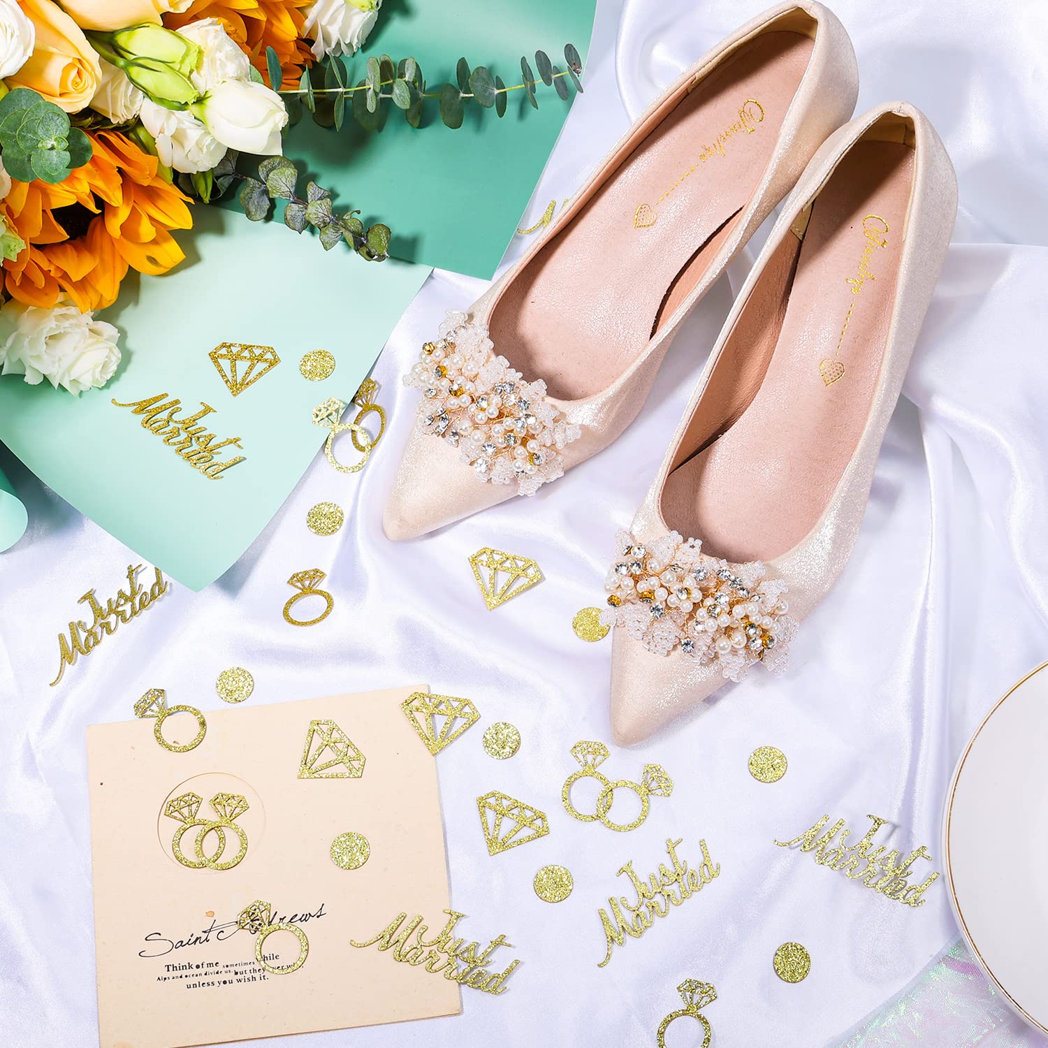AIEX 300pcs Gold Wedding Table Confetti, Glitter Paper Confetti Just Married Diamond Ring Dots Confetti Table Decorations for Bridal Shower Wedding Bachelor Party