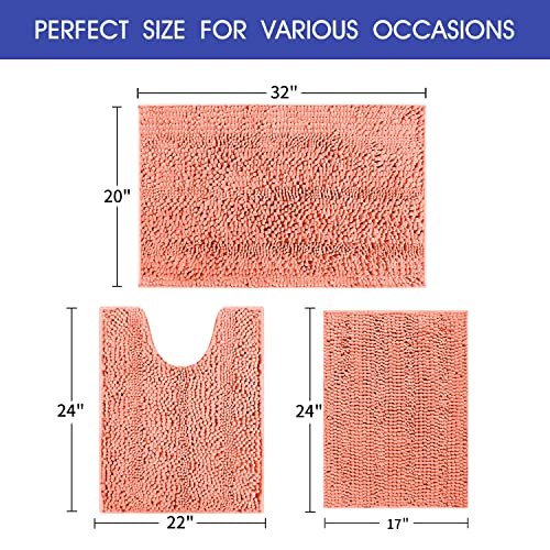 ACCUMTEK Striped Coral Bathroom Rug Set 3 Pieces Ultra Soft, Non Slip Chenille Toilet Mat, Absorbent Plush Shaggy Bath Mats for Bathroom, Bedroom, Kitchen