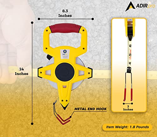 AdirPro Fiberglass 100' Appraiser’s Measuring Tape Tape Rule with Extra Large Metal End Hook for Precise Measurements, Perfect for Appraisers, Surveyors, Landscapers