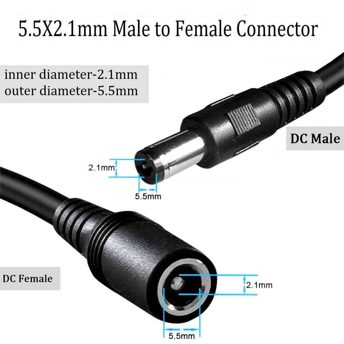 DaFuRui 5Pcs Male to Female DC Extension Cable 3.3ft/1Meter, 5.5mm x 2.1mm Extension Cord DC Plugs Extension Cable 12V Led Extension Cable for CCTV Security Camera and 5~24VDC LED Light Strips