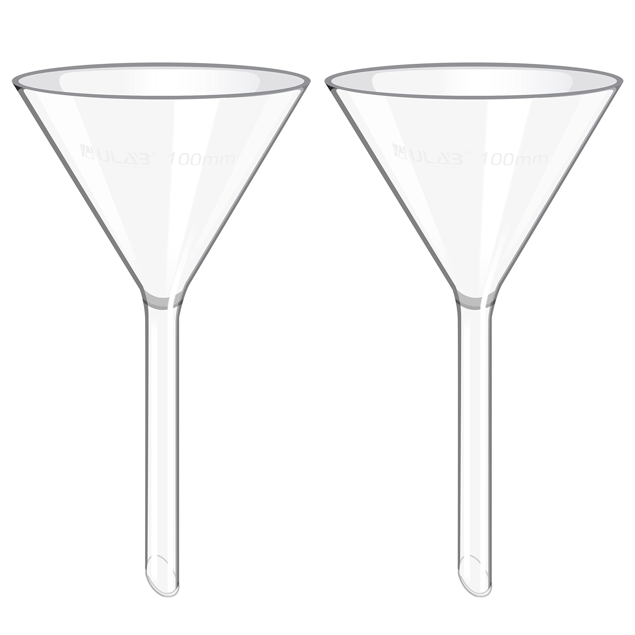 ULAB Scientific 100mm Glass Funnels, Short Stem Diameter 13mm, 3.3 Borosilicate Glass, Heavy Wall, Pack of 2, UGF1010