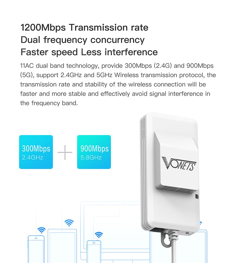Vonets WiFi Extender 2023 Release AC1200 2.4GHz/5GHz Dual Band WiFi Bridge/WiFi to Ethernet/Broader Coverage Than Ever with 1 RJ45 (10/100Mbps) USB/DC Powered for DVR/IP Camera/WiFi Repeater with Fan