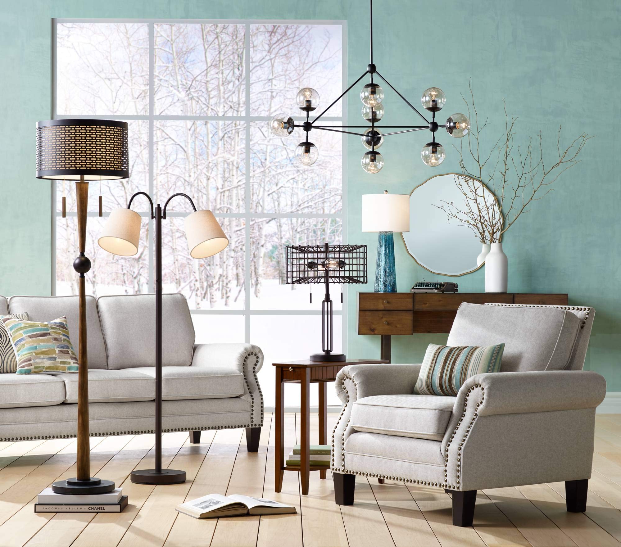360 Lighting Seneca Modern Standing Floor Lamp 56" Tall Dark Bronze Brown Twin Arm Adjustable Gooseneck Neutral Cotton Drum Shade for Living Room Reading House Bedroom Home