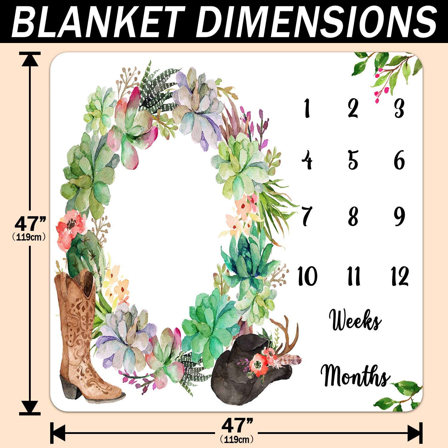 PHMOJEN Baby Monthly Milestone Blanket, Western Cowboys Floral Wreath Age Blanket for Nursery, Unisex for Newborn 1-12 Months, Includes 4 Frame and 1 Headband 47"x47" BTLSPH463