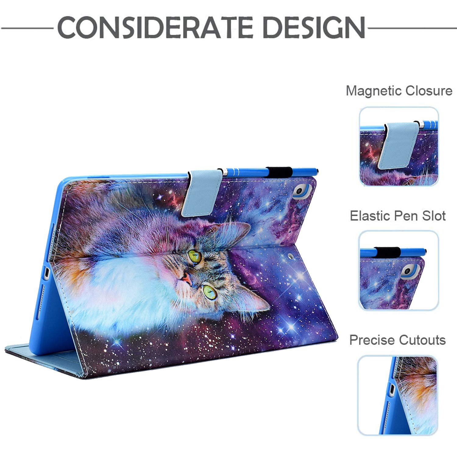 KEROM Case for iPad 9.7 inch (Fits iPad 6th/5th Generation 2018/2017, Also Fits iPad Pro 9.7 and iPad Air 2/1), Premium PU Leather Smart Folio Stand Cover with Auto Sleep Wake, Space Cat
