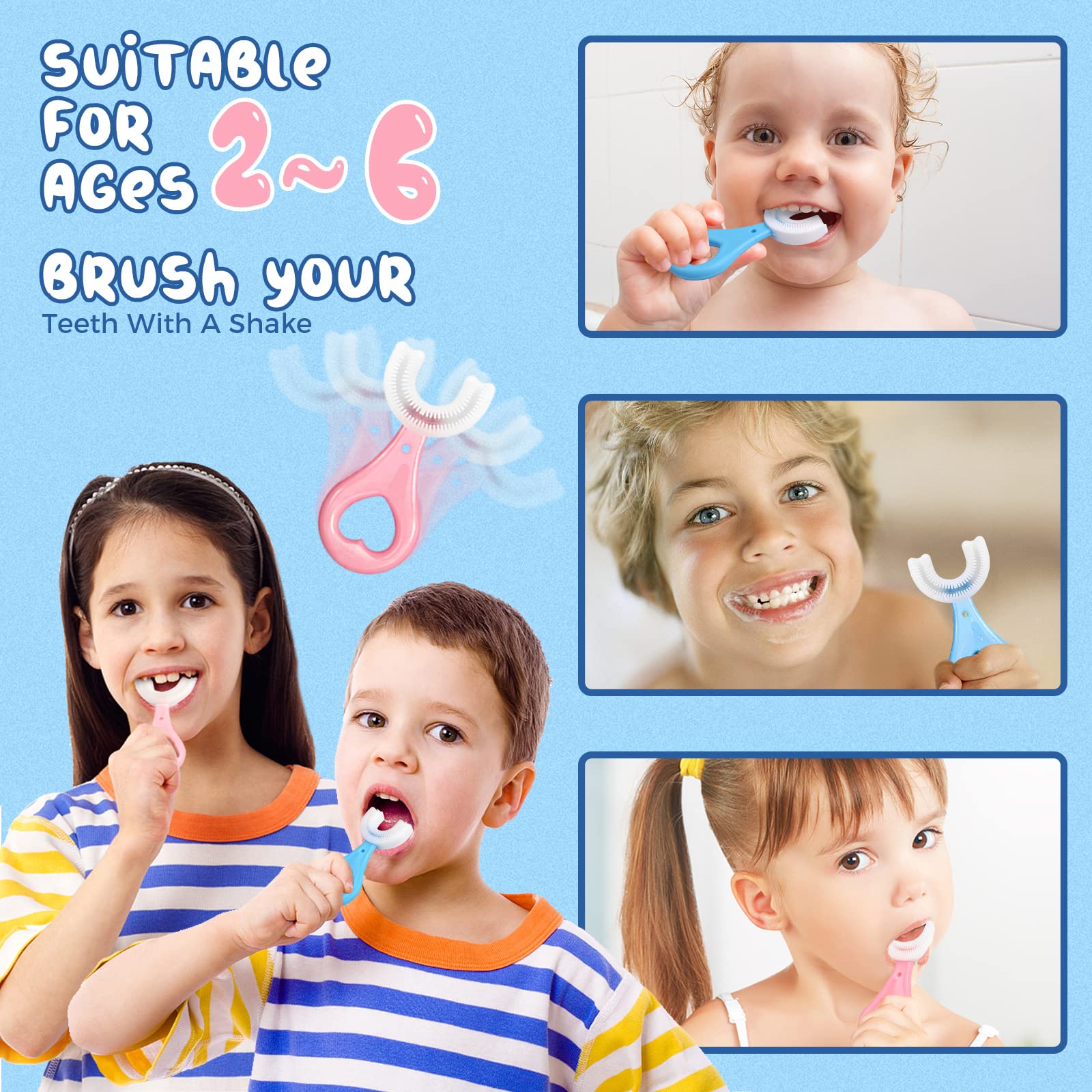 AURUZA Kids U Shaped Toothbrush Food Grade Soft Silicone Brush Head,U-Type 360° Oral Toothbrush Cleaning with Handle Design for Kids(2-6 Years Old)