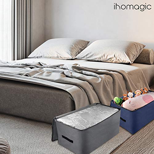 IHOMAGIC 2-Pack Under Bed Storage Bag, Zippered Clothes Storage Organizer with Handles - Storage Bins with Clear Pocket to Insert Label β for Clothing, Blankets, Towels 49L(Navy Blue/Dark Grey, S)