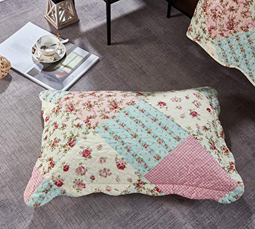 Brilliant Sunshine Pink and Green Rose Patchwork, 2-Piece Quilt Set with 1 Sham, Reversible Bedspread, Soft Lightweight Coverlet, All-Season, Twin, Pink Green
