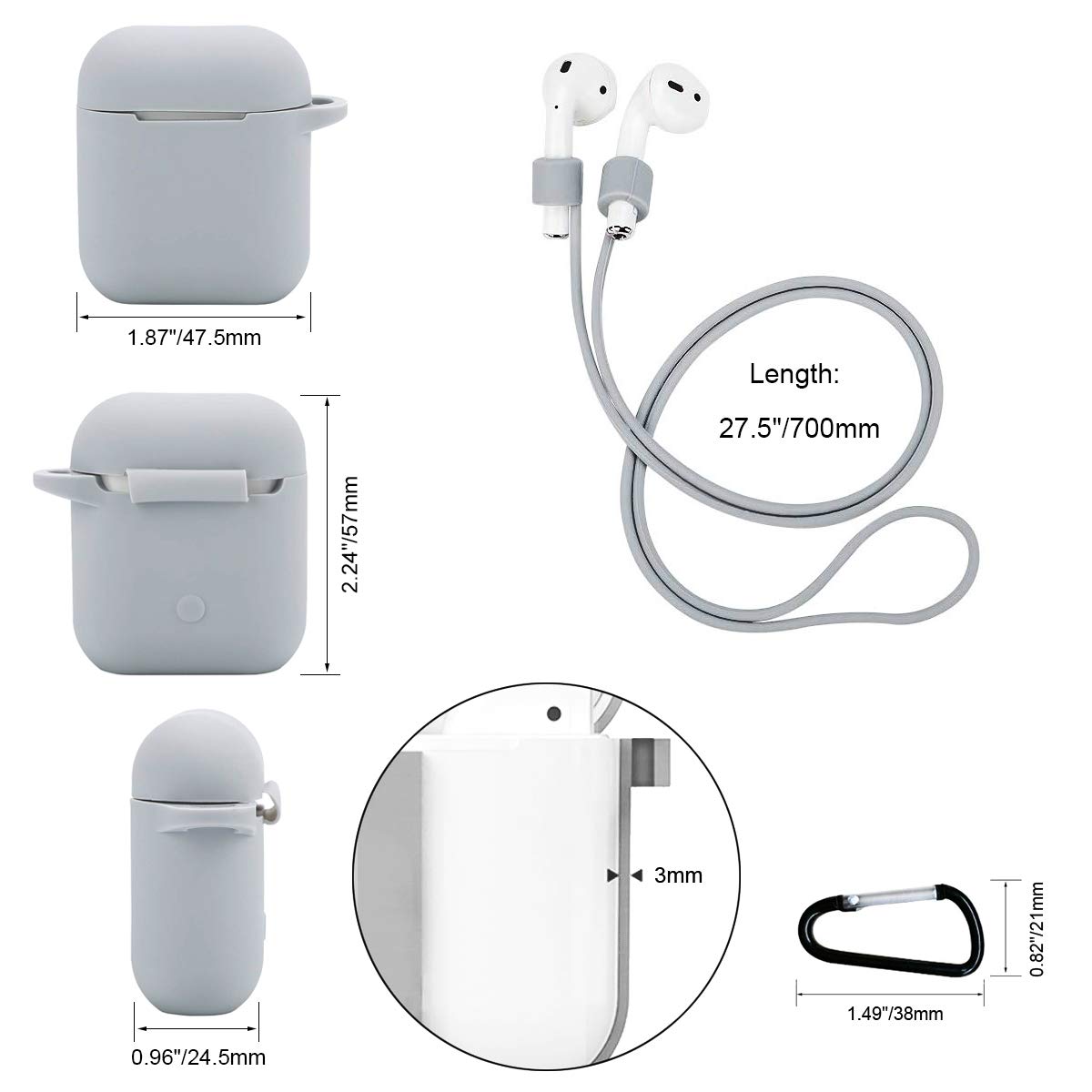 Earphone Silicone Case Cover Skin with Fur Ball Key Chain and Locking Carabiner Compatible with AirPods Charing Case - Hang Case Cover with Anti-Lost Strap as Headphone Accessories (Gray)