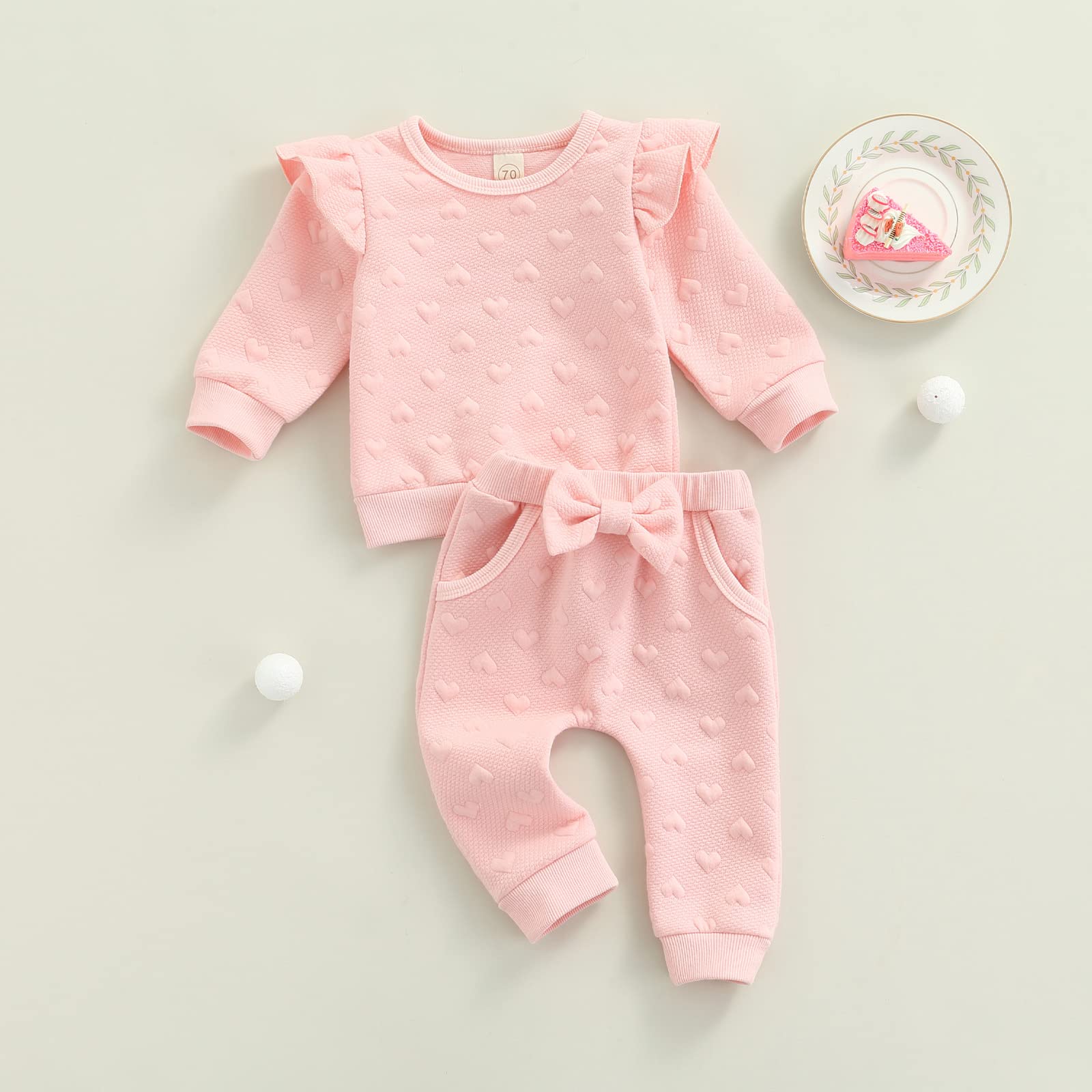 Ynibbim Valentine Baby Girl Clothes Set Ruffle Long Sleeve Sweatshirts Tops Pants Heart-Shape Printed Outfit (Pink, 6-12 Months)