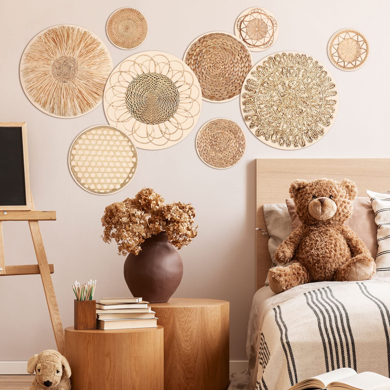 9 Pcs Boho Basket Wall Decals Round Modern Peel and Stick Wall Decals Removable Boho Wall Decal Adhesive Boho Nursery Wall Decor for Bedroom Living Room Office Wall, Just Stickers (Retro Style)