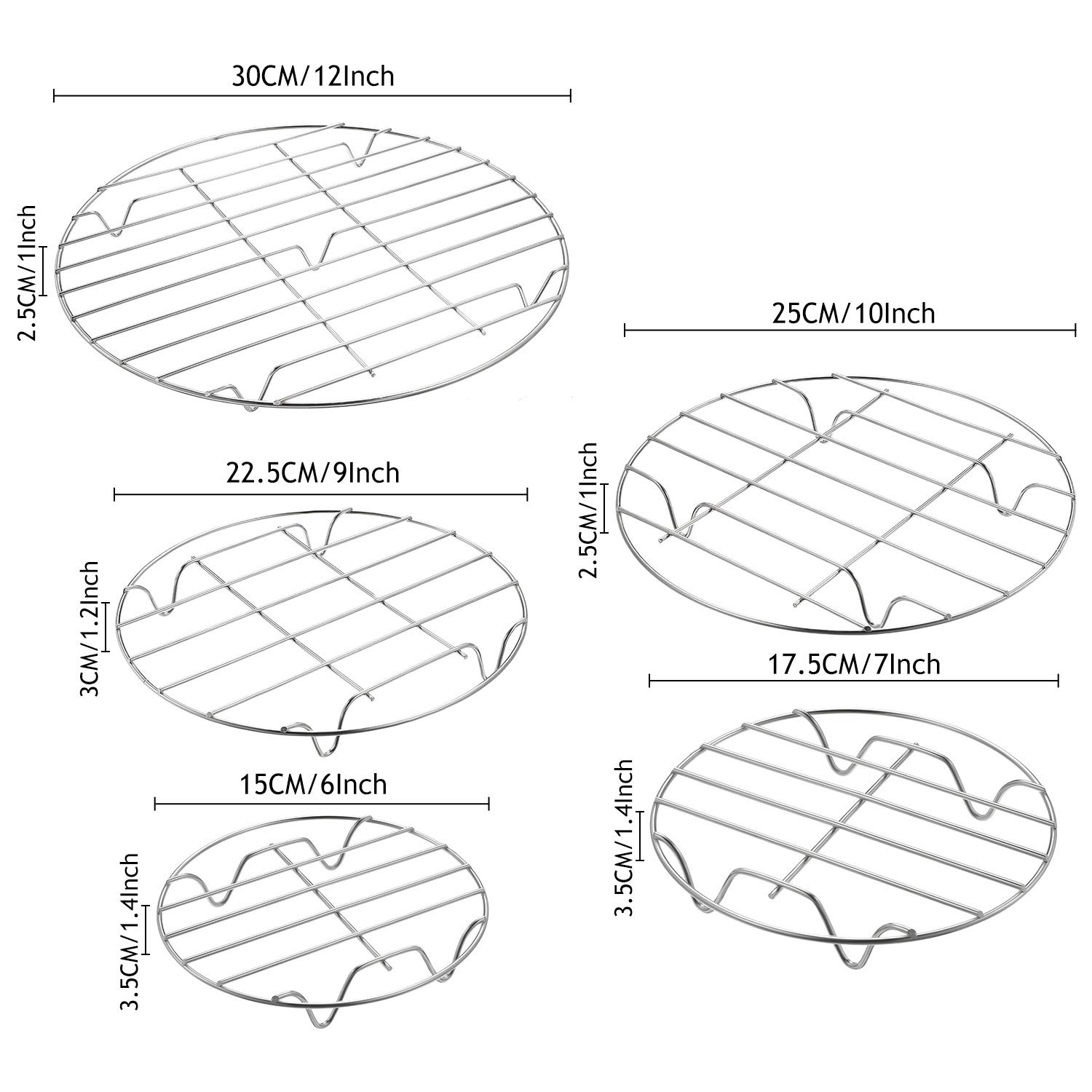 5 Pieces Round Cooling Rack Circular Wire Rack 12/10 / 9/7 / 6 Stainless Steel Round Baking and Cooling Steaming Cake Rack