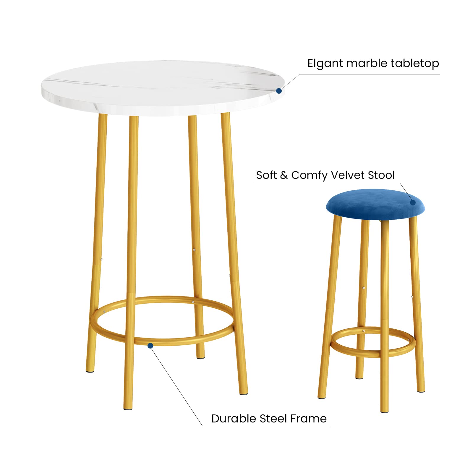 AWQM 3 Piece Bar Table Set, Round Pub Dining Set with Golden Metal Frame, Velvet Bar Stools, Ideal for Breakfast Nook, Kitchen, Small Spaces