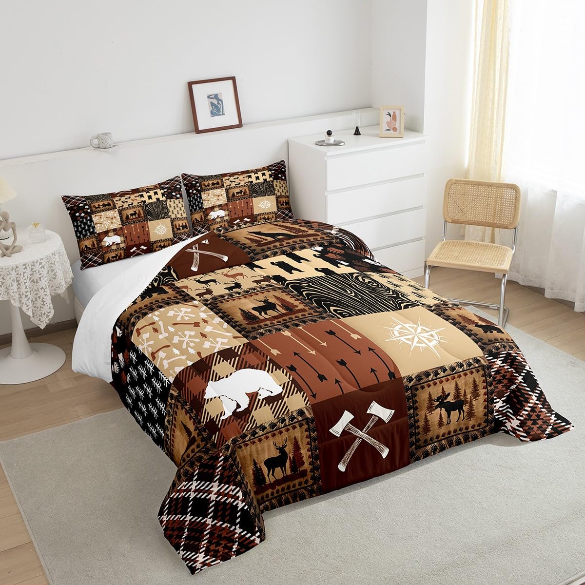 Bear Comforter Set Cute Elk Print Bedding Set for Teens Farmhouse Wild Animals Style Bedding Set Plaid Grid Geocmetric Brown Black Duvet Set Room Decor 2Pcs with 1 Pillow Case Twin Size