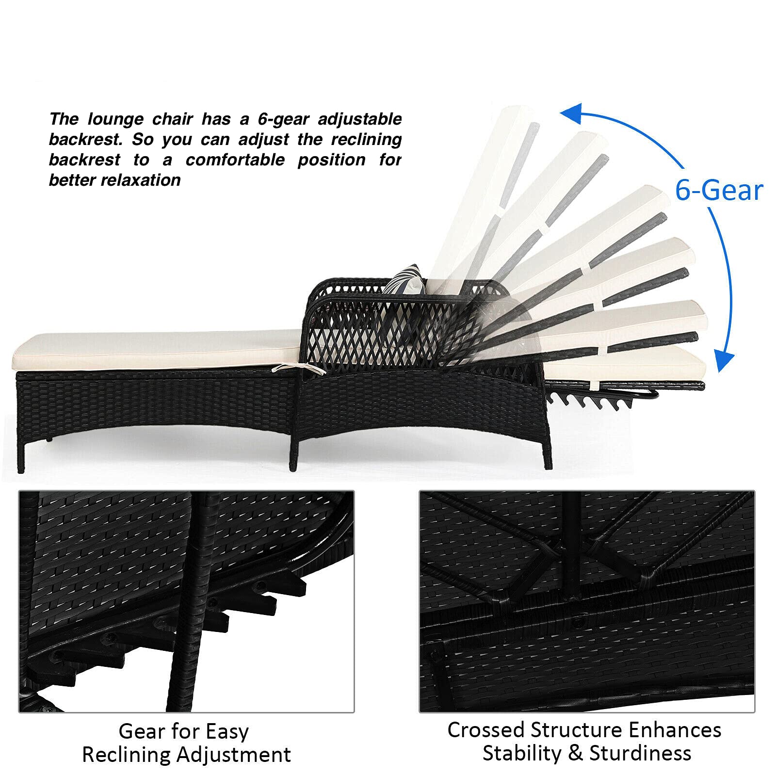 2PCS Black PE Rattan Patio Outdoor Chaise Lounge Chair Lounger Recliner Sunbathing Bed Thick Padded Cushion Lumbar Pillow 6 Adjustable Backrest Position Perfect for Poolside Deck Beach Balcony Use