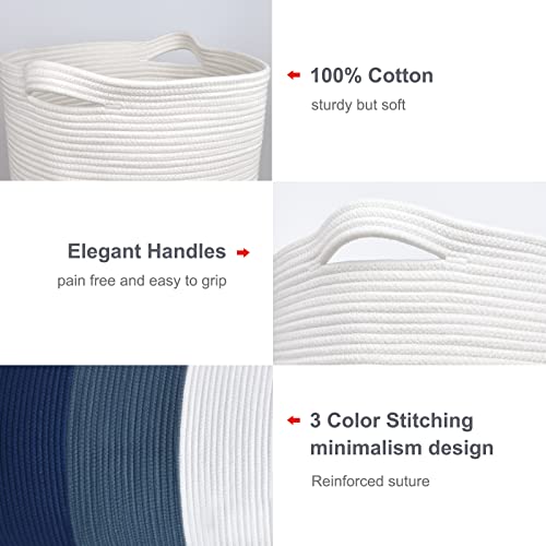 BOSROTY Extra Large Blanket Basket, Tall Laundry Basket, Laundry Hamper, Large Storage Basket, 15.7βx 21.7β,Cotton Rope Basket, Woven Basket, Toy Basket, Clothes Baskets, White&Cadet Blue&Navy Blue