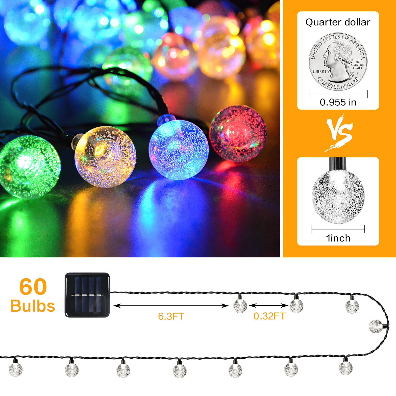Techip Solar String Light 60LED Crystal Globe Solar Outdoor Lights with 8 Lighting Modes Waterproof Solar Globe Lights for Garden Tree Patio Party Christmas