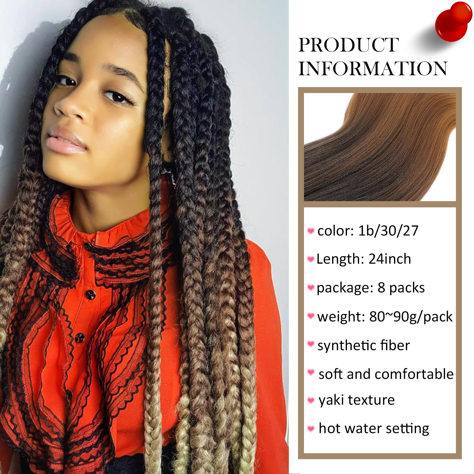 Ombre Pre-stretched Braiding Hair, Top Silky Braid Hair Extensions, Itch Free Crochet Twist Hair Braids, Yaki Texture Original Braiding Hair Pre Stretched, 0.21 pound/bundle (24''-8 bundles, 1b/30/27)
