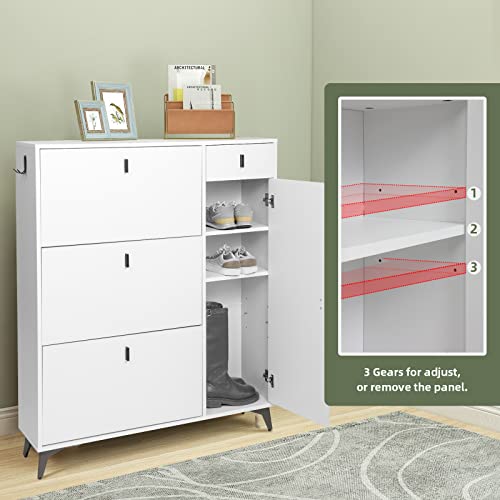 ARTETHYS Shoe Cabinet-Freestanding Shoe Storage Cabinet 22 Pair Shoe Rack Storage Organizer with 3 Flip Drawers-White Modern Shoe Organizer Cabinet with Doors for Entryway