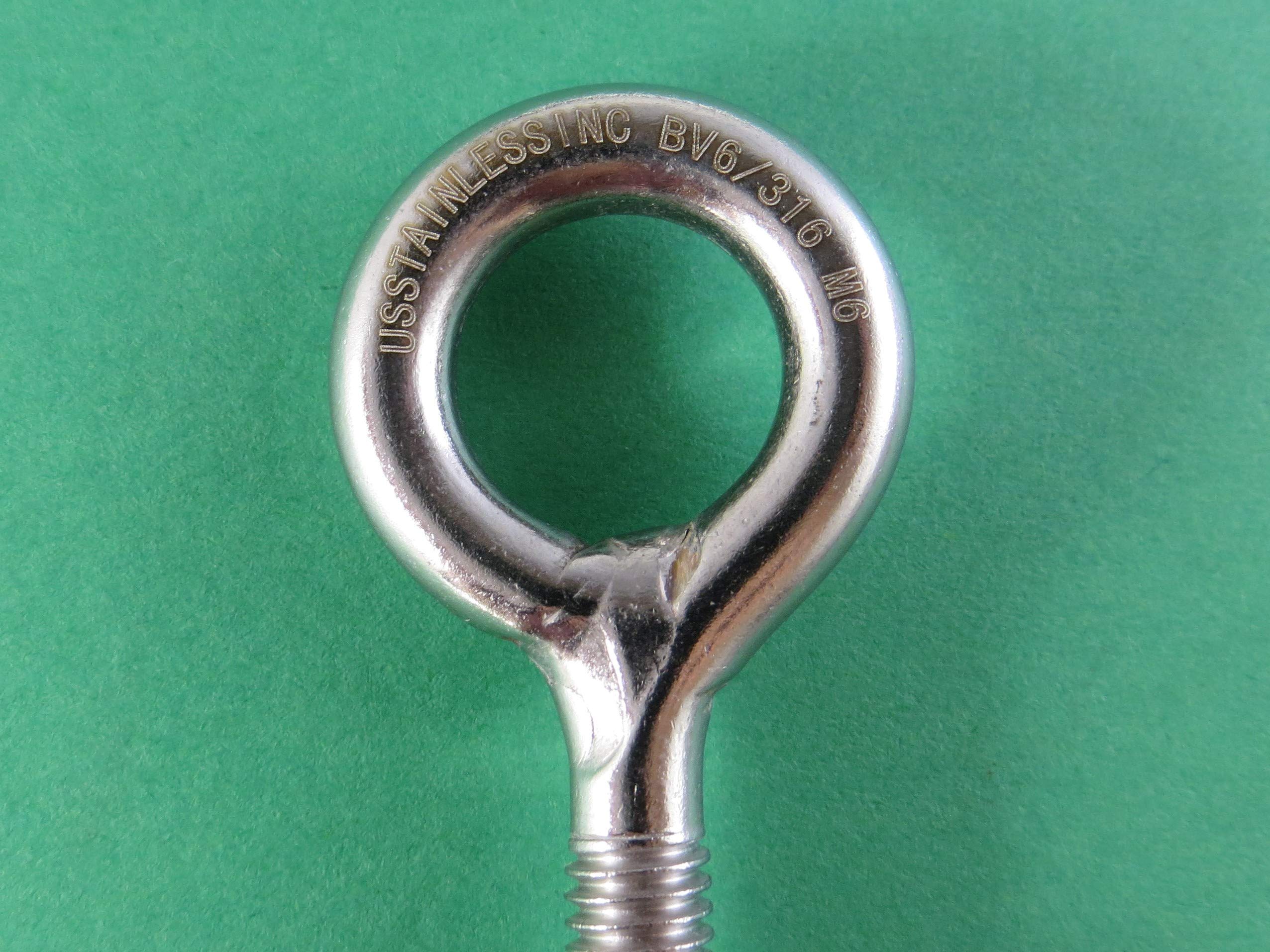 US STAINLESS 2 Pieces Stainless Steel 316 M6 Eye Bolt 6mm x 100mm Marine Grade Pitch of 1