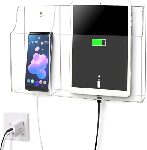 Yoillione Wall Mount Tablet and Phone Charging Stand for Tablet, Smartphone, E-Book, 2 Slots Remote Control Holder for TV, Air Conditioning, Clear Acrylic Remote Storage Media Organizer Box