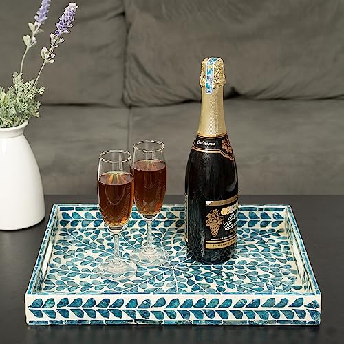 CLAYNIX Serving Tray 15.7" X11.8", Lacquer Mother of Pearl Inlay Mosaic Tray, Rectangle Wooden Marble Tray with Handles Trays for Tea, Breakfast in Bed, Table (Blue)