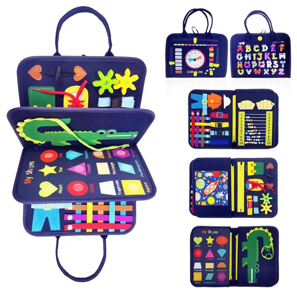 ALKISS Busy Board,26-in-1 Montessori Toys for Toddler, Sensory Board with Alphabet and Calendar for Learning Fine Motor Skills, Portable Travel Toy, Preschool Educational Toys Gift for Boys Girls