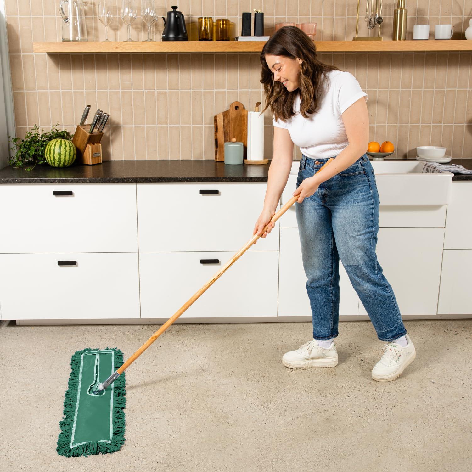36 Inch Green Dust Mop with Wood Handle and 36 Inch Dust Mop Refill Bundle - 1 Mop Set and 4 Refills