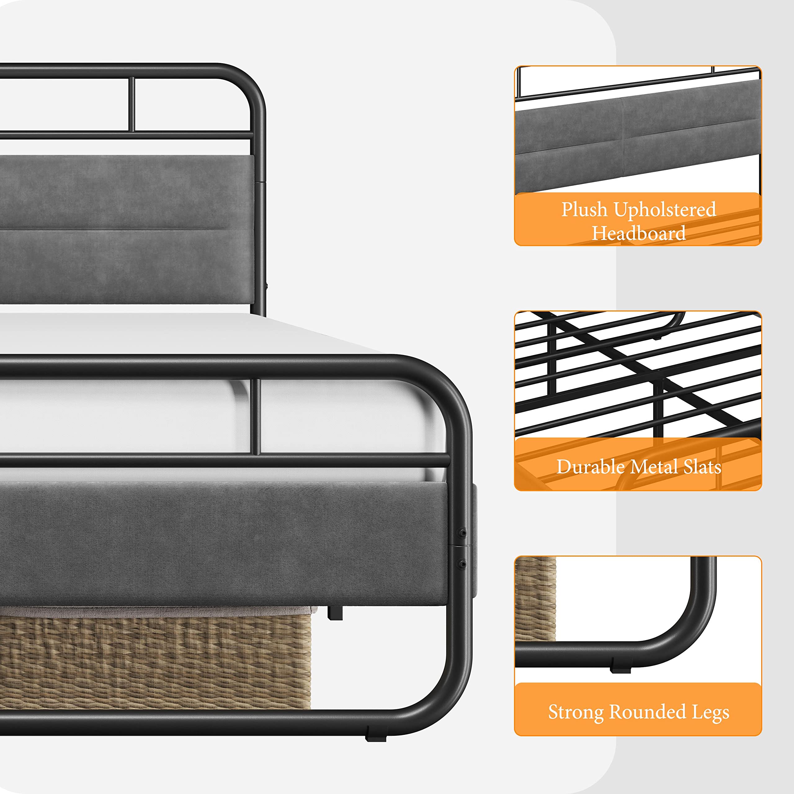 Yaheetech Full Bed Frame Heavy Duty Metal Bed with Curved Upholstered Headboard, 8.7 Inch Under-Bed Storage/Steel Slats Support/Noise Free/No Box Spring Needed/Easy Assembly/Dark Grey Full Bed
