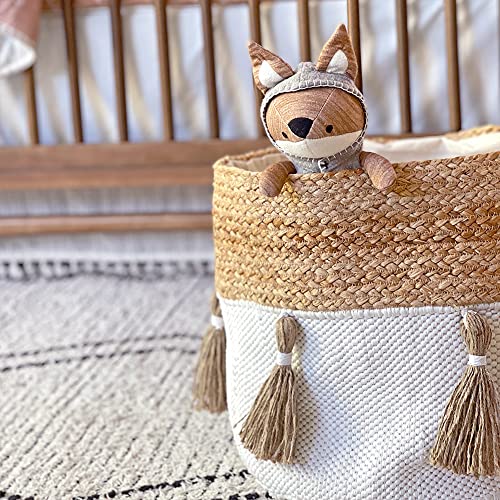 Crane Baby Fabric Storage Bin for Nursery and Toddlers, Toy Storage for Boys and Girls, Cream and Beige, 13" w x 12" h