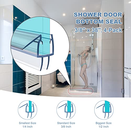 4 Pack Frameless Shower Door Bottom Seal, 3/8 x 39 Clear PVC Shower Seal Strip for 3/8 Inch Glass Shower Door Stop Shower Leaks