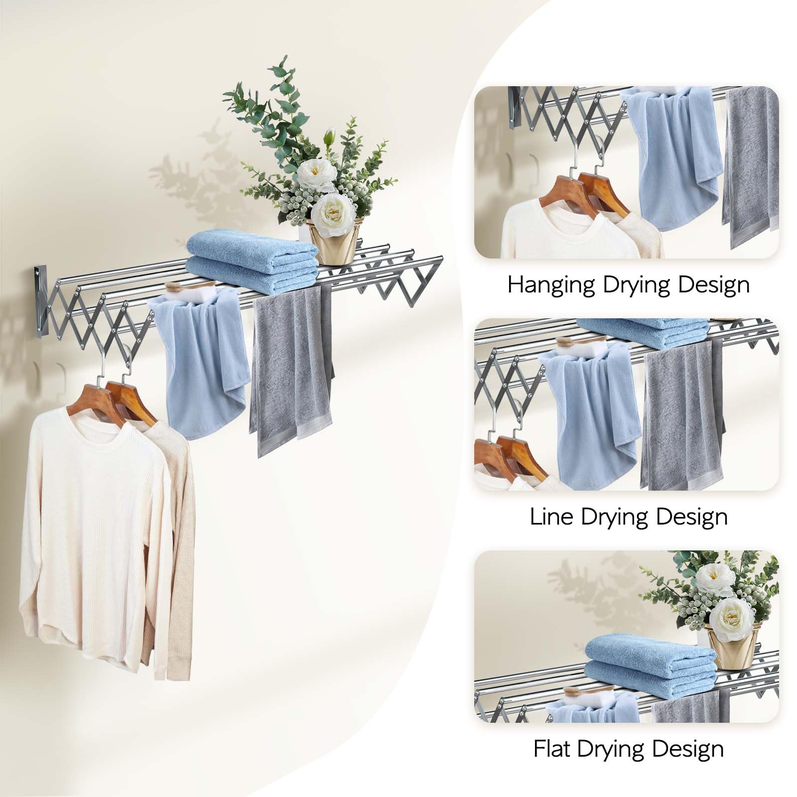 Vikaqi Wall Mounted Clothes Drying Rack, Foldable Wall Mount Laundry Drying Rack Folding Indoor, Drying Rack Clothing Collapsible, Retractable Towel Rack, Space Saver with 7 Drying Rods, Black