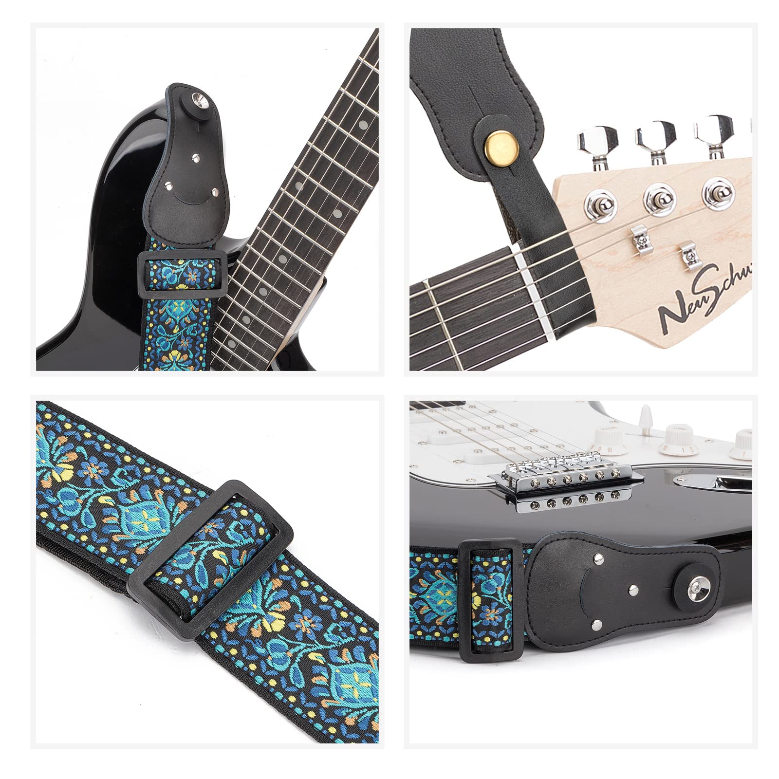 NeuSchwan Adjustable Electric Guitar Strap/Acoustic Guitar Strap/Bass Strap-Cotton Jacquard Embroidered Genuine leather Ends Guitar Straps with 1 Pick Holder, Free Bonus 2 Silicone Strap Locks, Blue