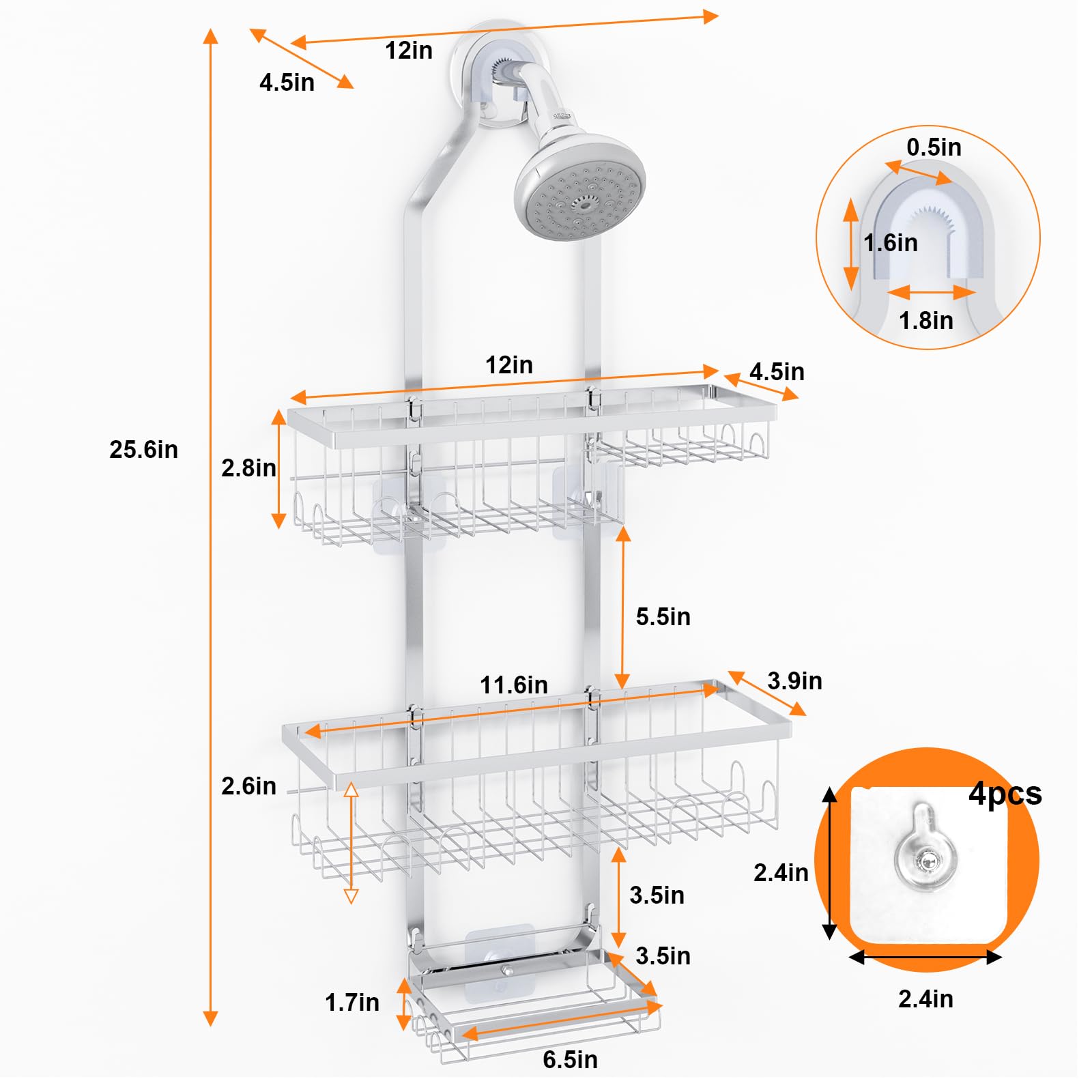 Fixwal Shower Caddy Over Shower Head, No Drilling Bathroom Hanging Shelf Storage Organizer Rack Basket with Hooks, Soap Holders and Adhesives, Rustproof Waterproof Anti-Swing, Bronze