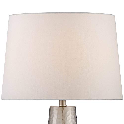 360 Lighting Modern Table Lamp with USB and AC Power Outlet Workstation Charging Base 25.75" High Silver Leaf Hammered Metal Off White Fabric Drum Shade for Living Room Bedroom Bedside