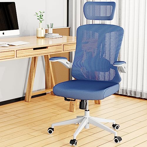 balmstar Ergonomic Office Chair, Home Office Desk Chair with Adjustable Headrest & Lumbar Support, Swivel High Back Computer Chair, Breathable Mesh Desk Chair, PU Silent Wheels, Flip-Up Arms (Blue)