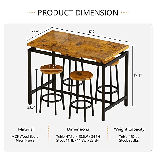 AWQM Bar Table and Chairs Set Industrial Counter Height Pub Table with 4 Chairs Bar Table Set 5 Pieces Dining Table Set Home Kitchen Breakfast Table, Black and Industrial Brown